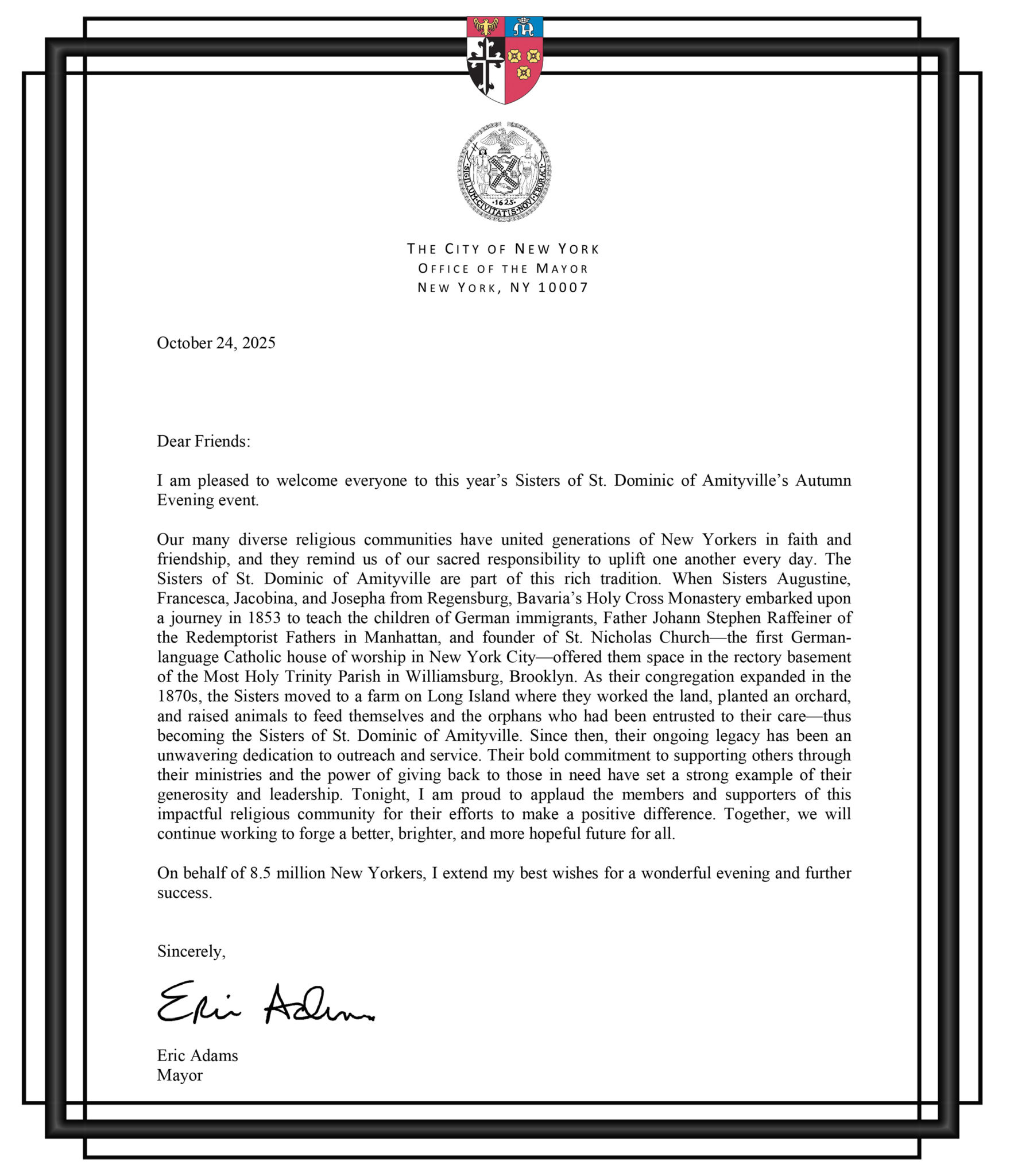 Letter NYC Mayor | Sisters of St. Dominic
